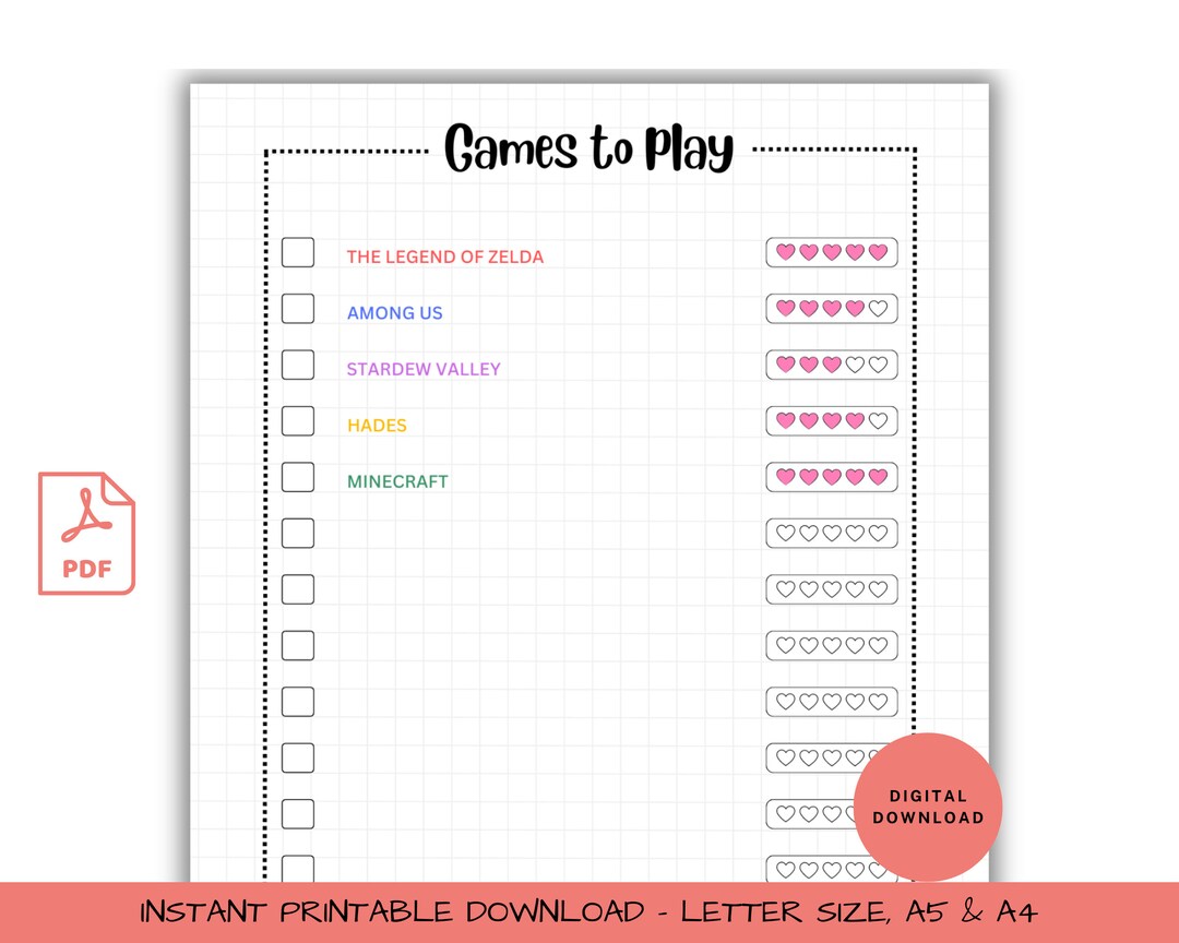 Gaming Tracker A5 Printable Games to Play Monthly Journal Video Game ...