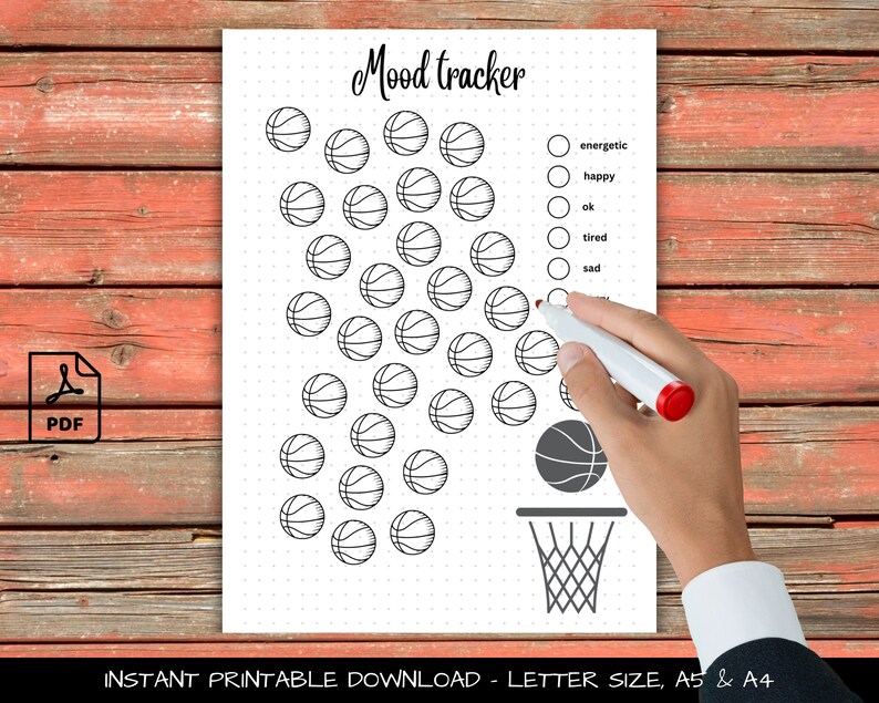 Printable Basketball Mood Tracker A5 Journal Page Daily & Monthly ...