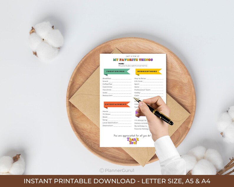 My Favorite Things Survey: Printable Questionnaire for Getting to Know ...