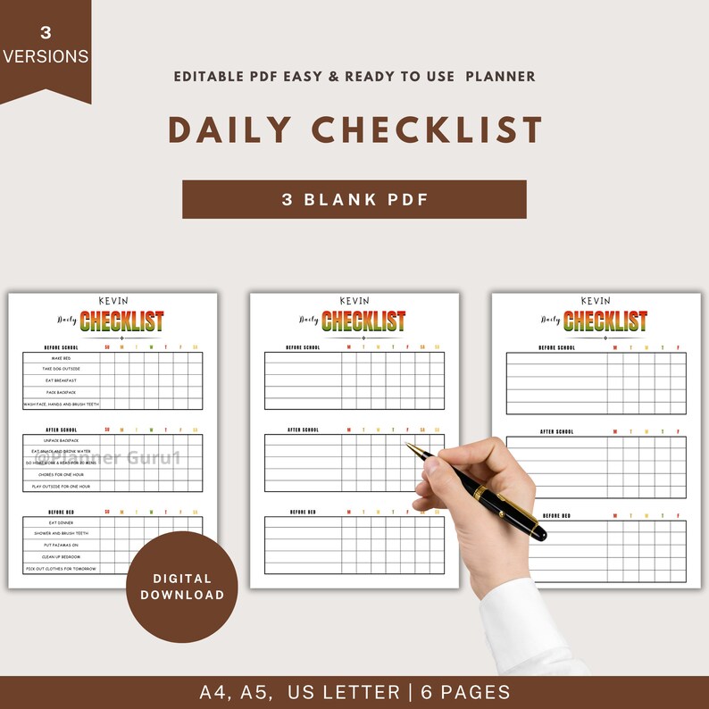 Editable Daily Checklist for Kids, Printable Chore Chart for Kids ...