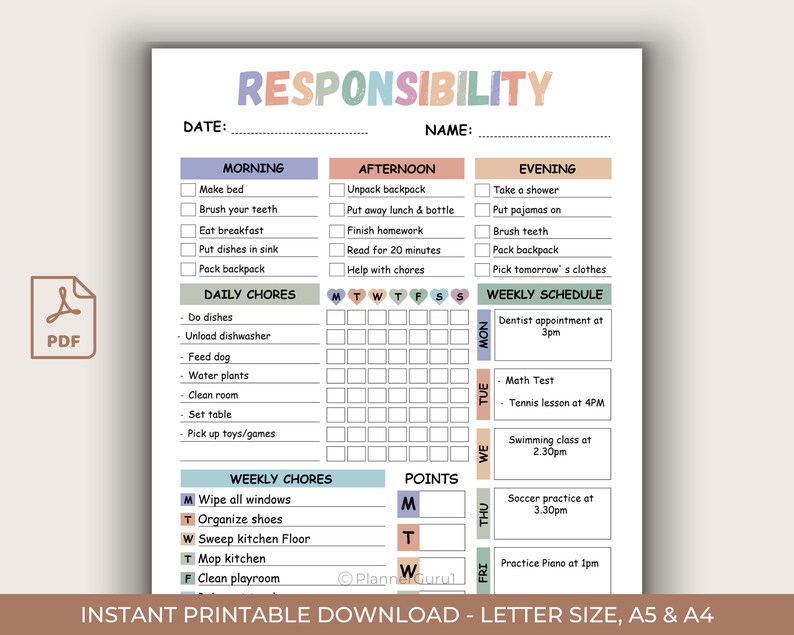 Editable Task Sheets for Kids | Printable | Daily Weekly Responsibility ...