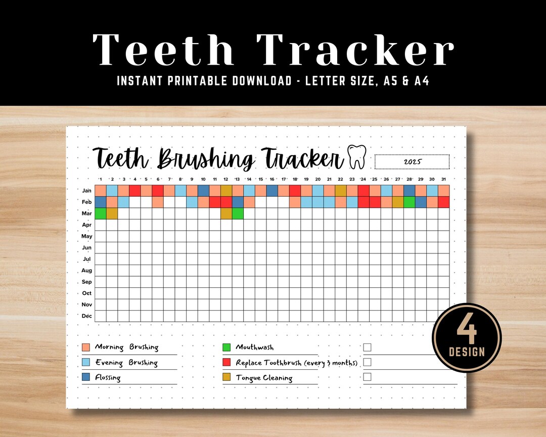 Yearly Teeth Brushing Tracker - Printable Dental Hygiene Log for Kids ...