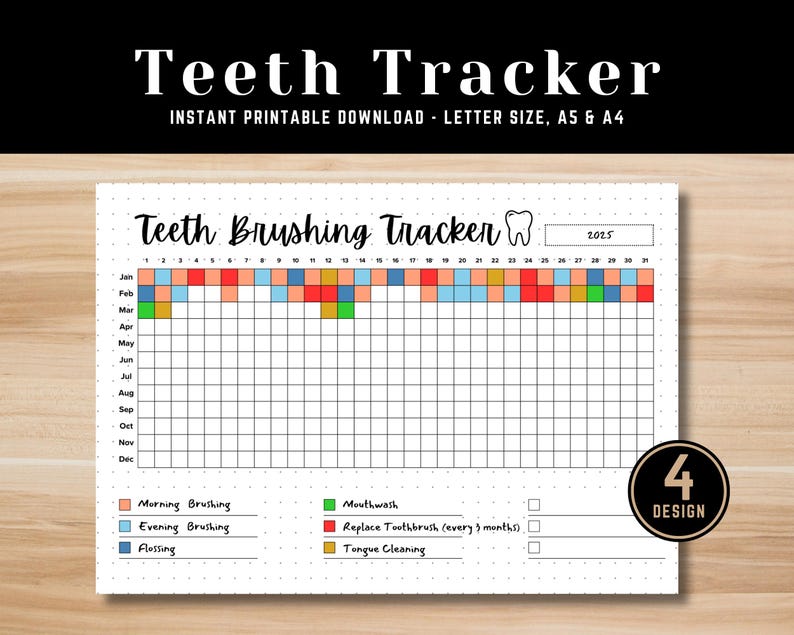 Yearly Teeth Brushing Tracker - Printable Dental Hygiene Log for Kids ...