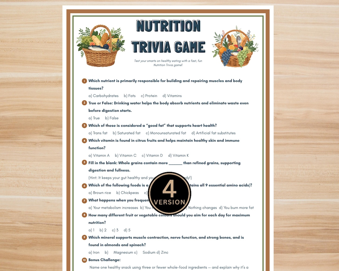 Nutrition Trivia Game Printable – Healthy Eating Quiz, Food & Wellness ...