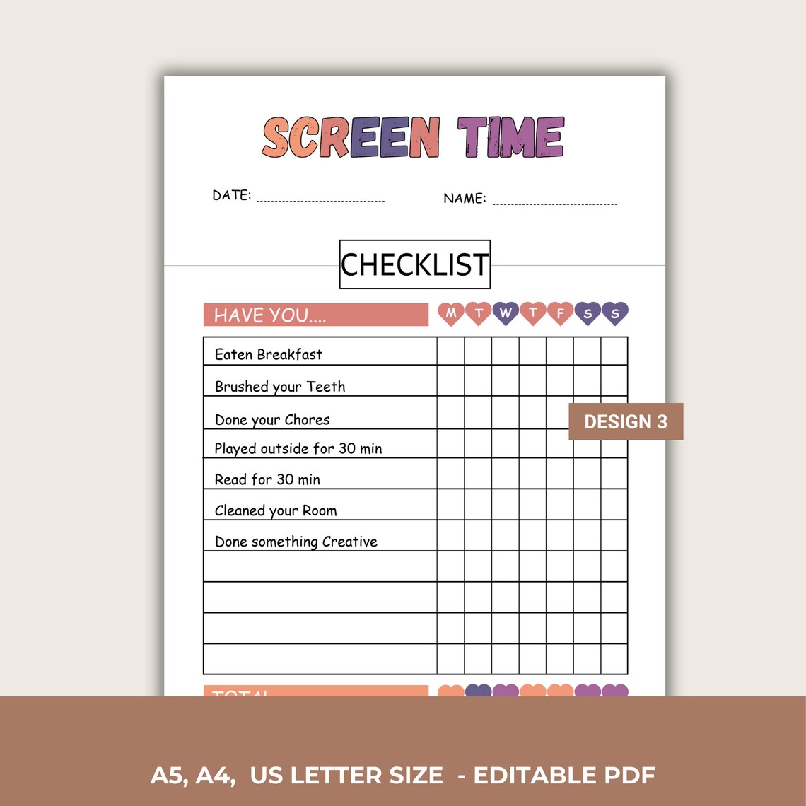 Editable Screen Time Chore Chart Printable, Screen Time Chart Checklist ...