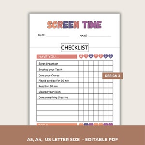 Editable Screen Time Chore Chart Printable, Screen Time Chart Checklist ...