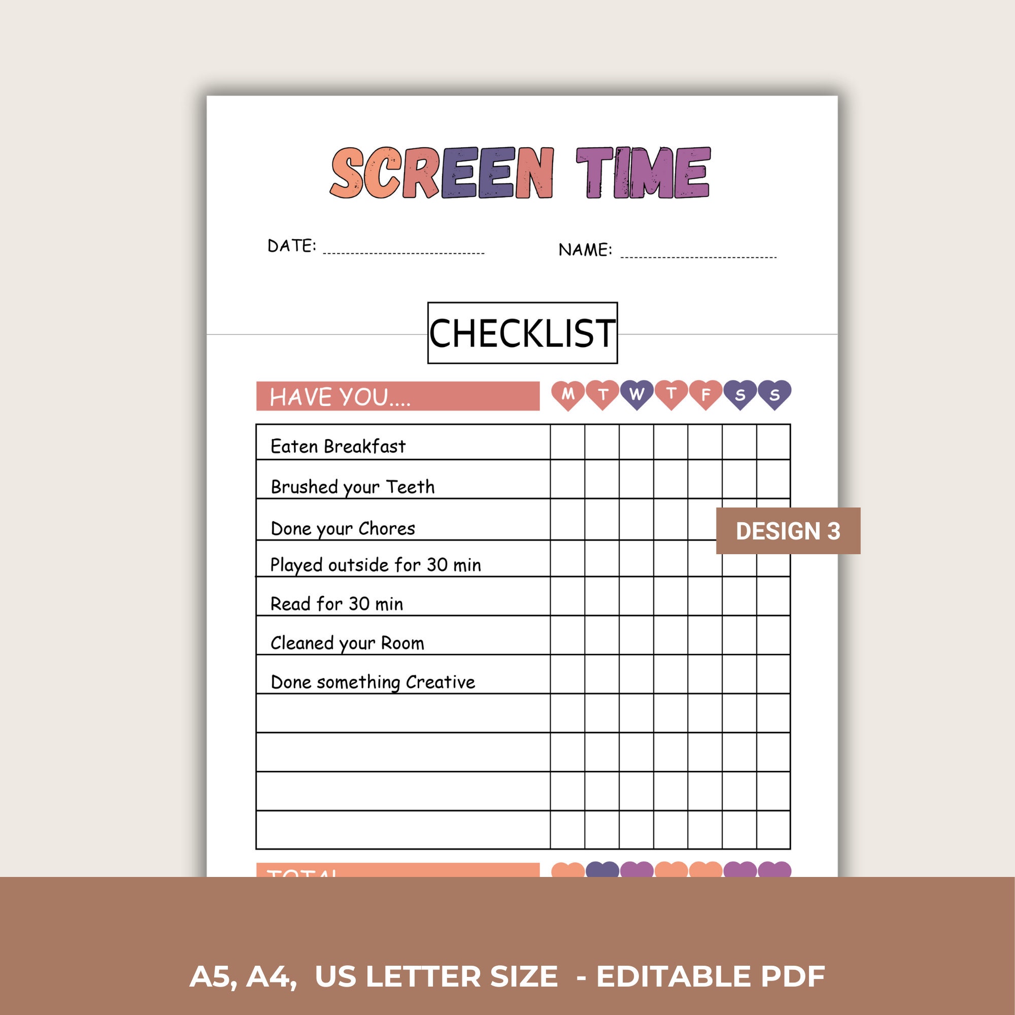Editable Screen Time Chore Chart Printable, Screen Time Chart Checklist ...