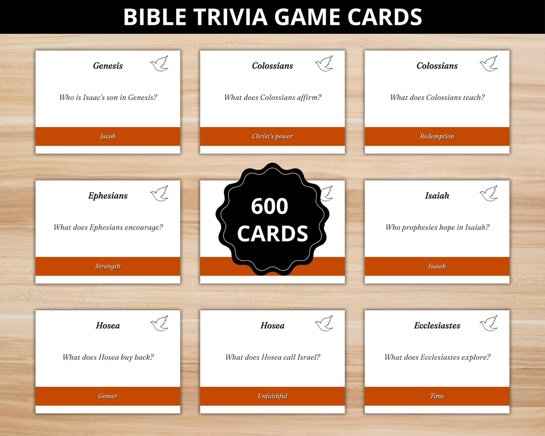600 Bible Trivia Quiz Cards, Christian Bible Study Game, Printable ...