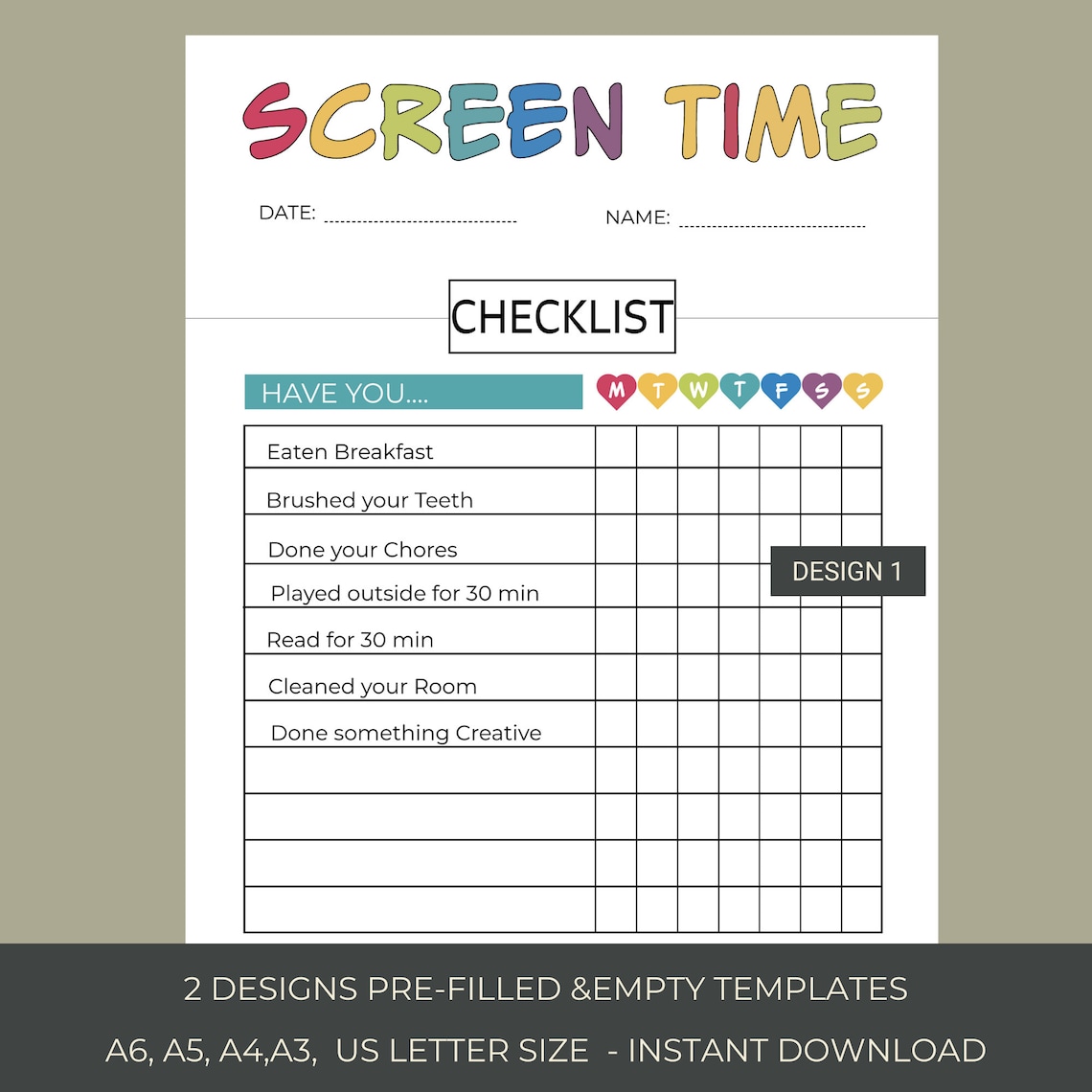 Editable Screen Time Chore Chart Printable, Screen Time Chart Checklist ...