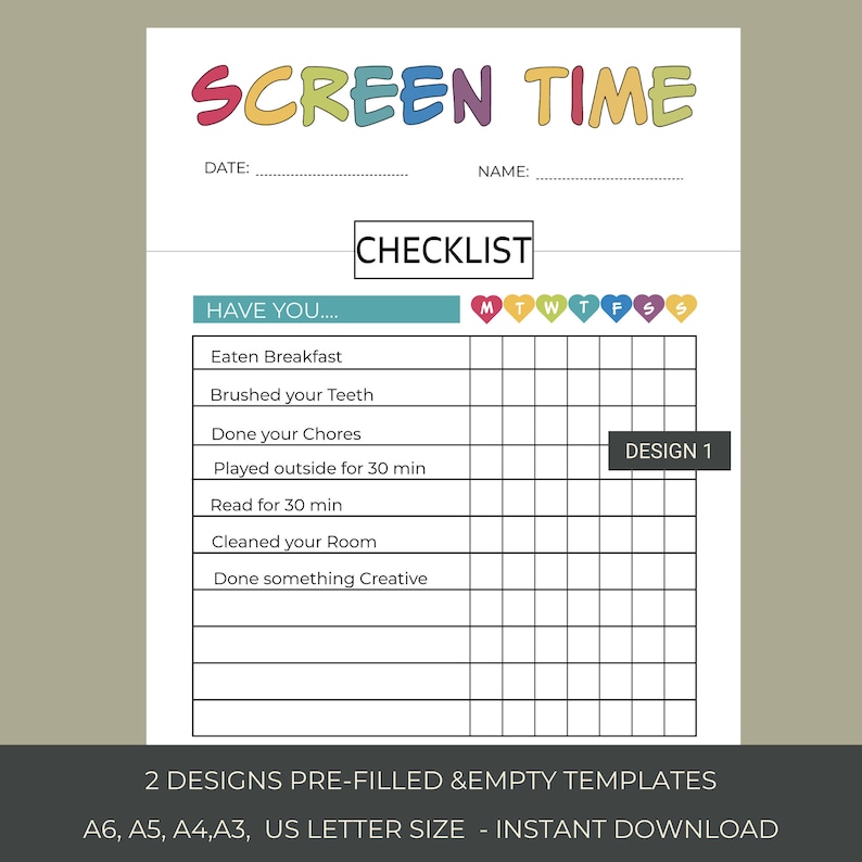 Editable Screen Time Chore Chart Printable, Screen Time Chart Checklist ...