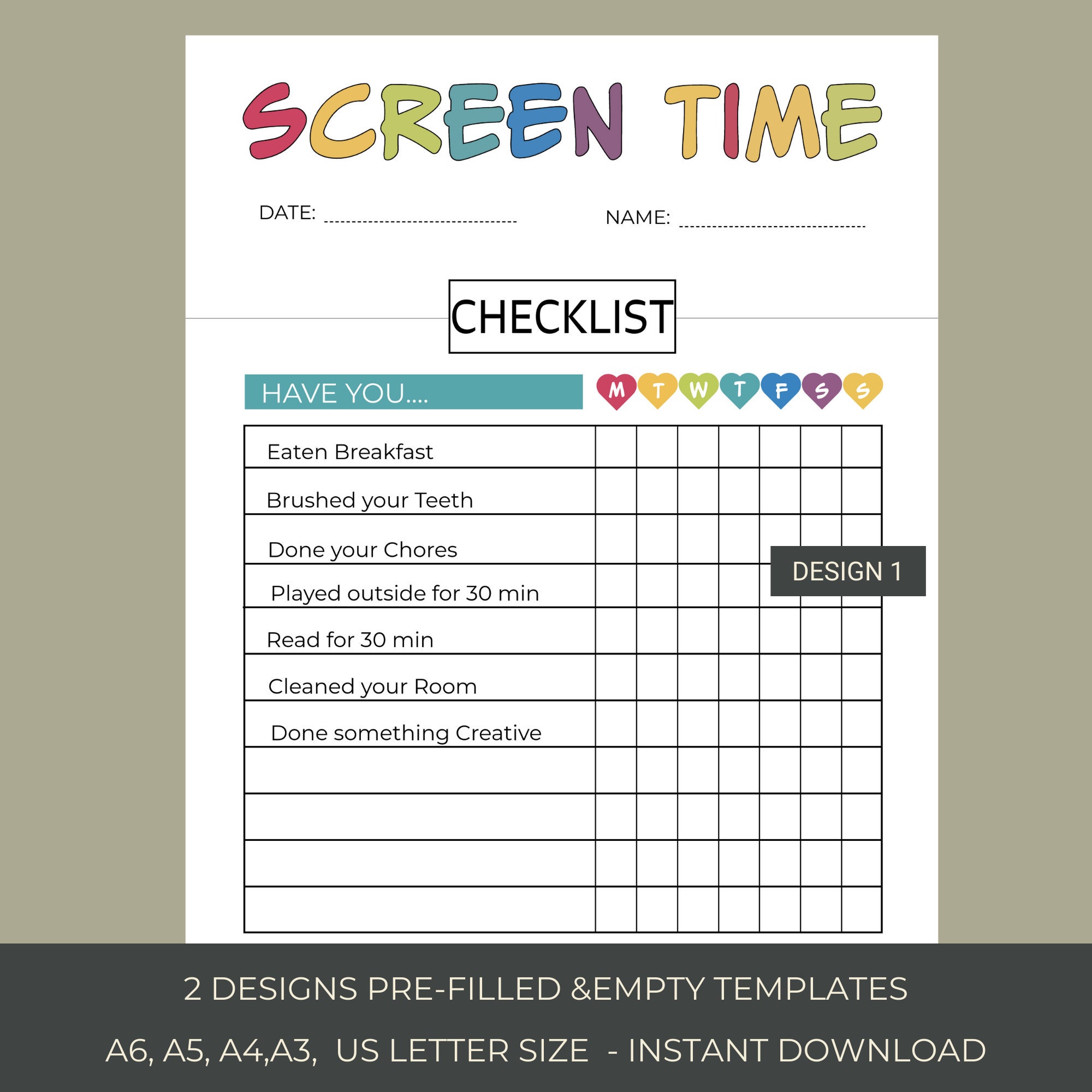 Editable Screen Time Chore Chart Printable, Screen Time Chart Checklist ...