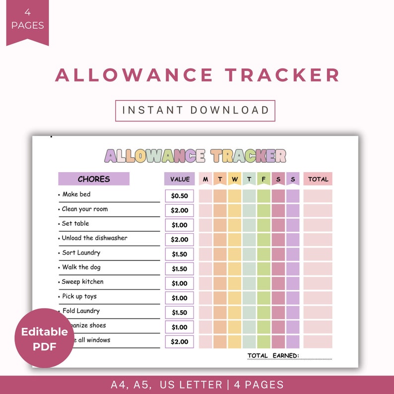 Allowance Chore Chart Printable for Kids , Allowance and Chore Tracker ...