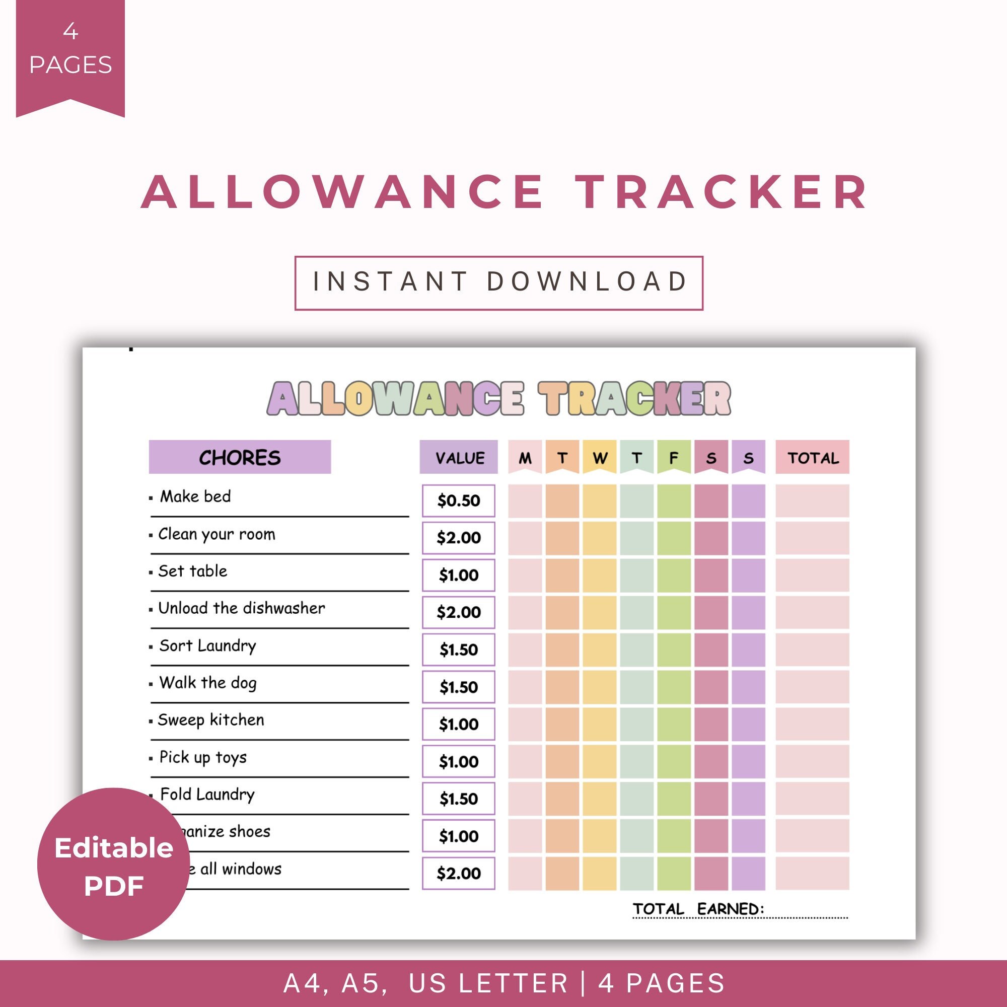 Allowance Chore Chart Printable for Kids , Allowance and Chore Tracker ...