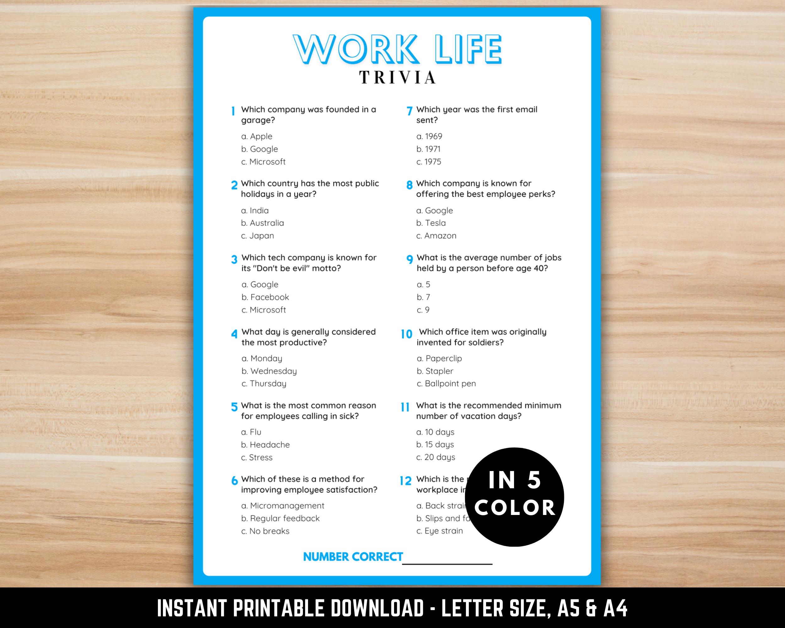 Work Trivia Game | Office Party Game | Printable Work Game for Team ...