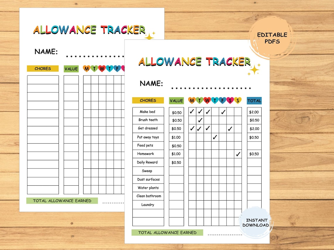Editable Kids Allowance Tracker: Weekly Chore Chart and Printable ...