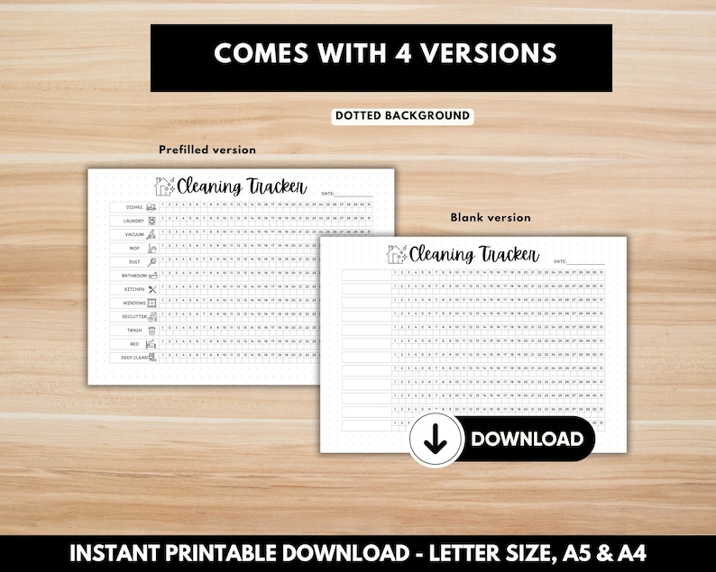 Cleaning Tracker Printable | Chores List and Cleaning Log | Bullet ...
