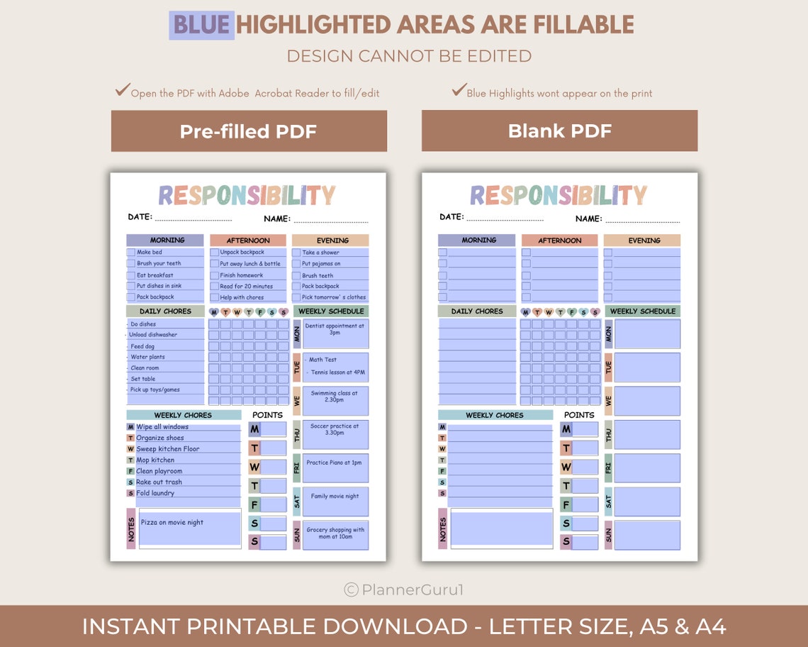 Editable Task Sheets for Kids Printable Daily Weekly Responsibility ...