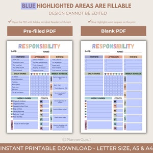 Editable Task Sheets for Kids | Printable | Daily Weekly Responsibility ...