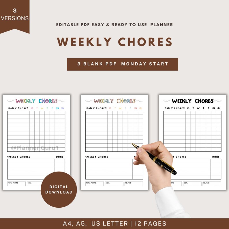Editable Chore Chart for Kids, Daily & Weekly Chore Chart for Teens ...