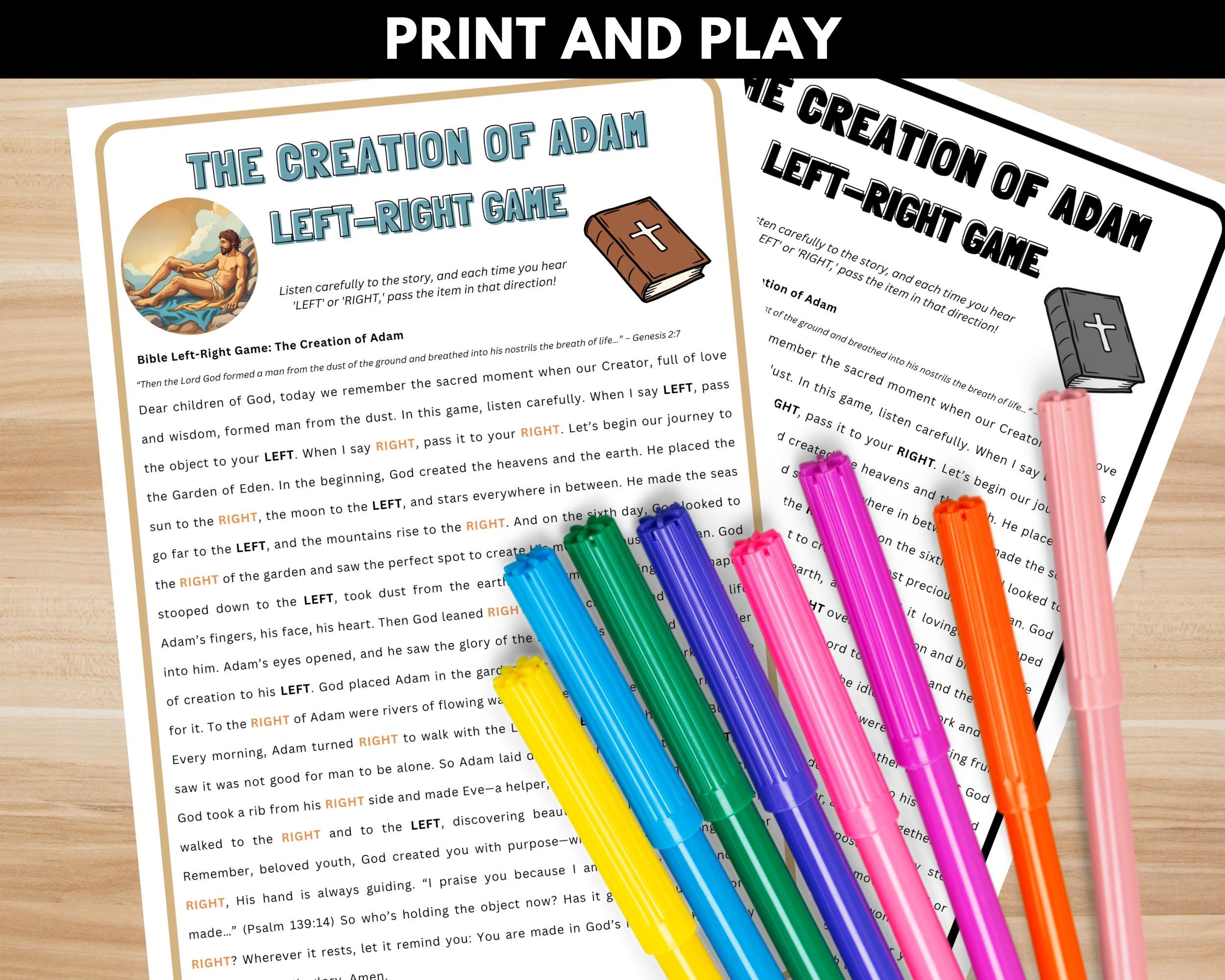Creation of Adam Left Right Game Printable | Bible Party Game ...