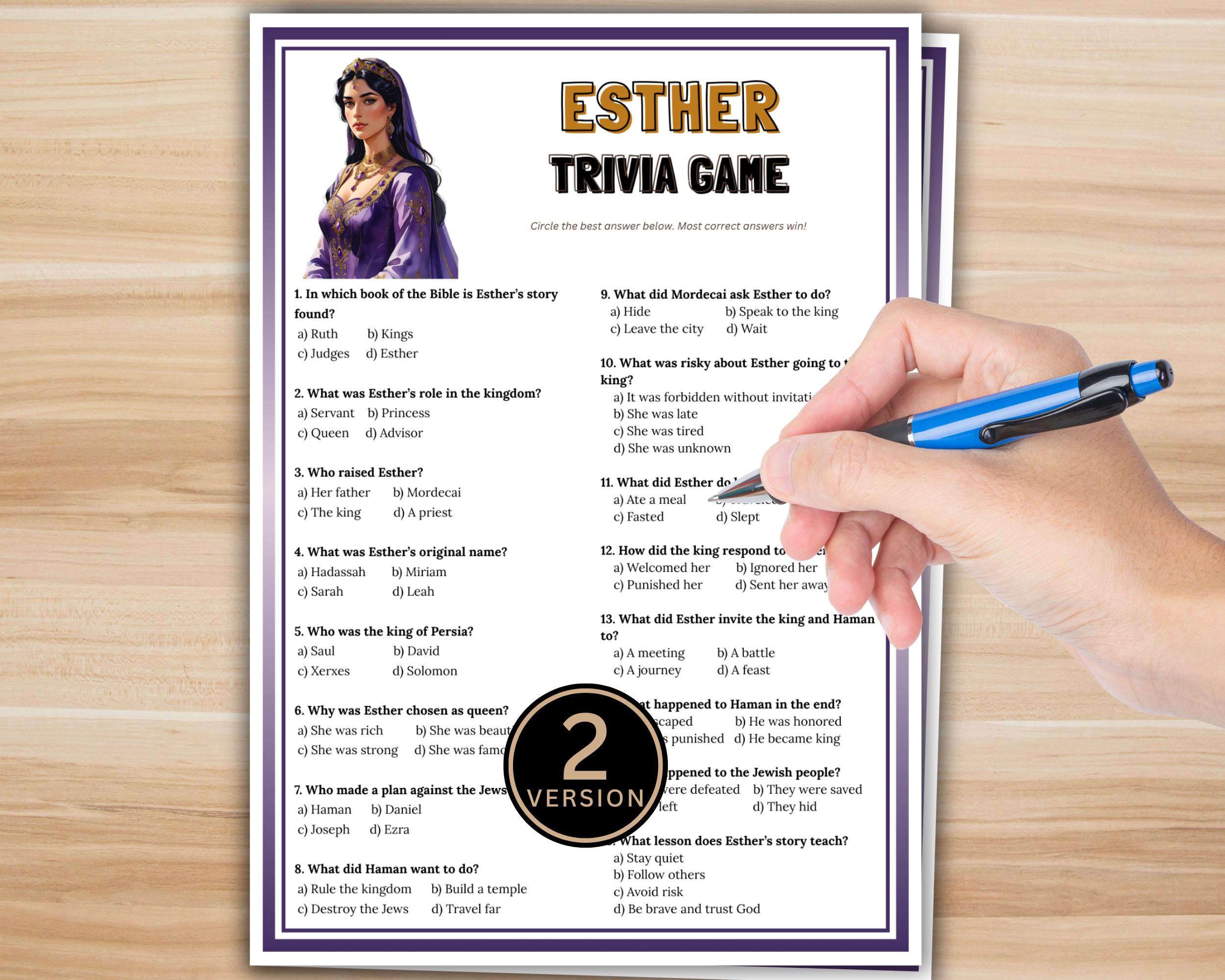 Esther Bible Trivia Game Printable - Queen Esther Quiz for Kids ...