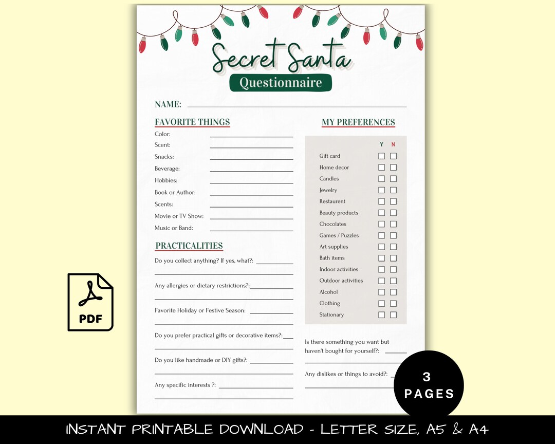 Secret Santa Questionnaire - Office Gift Exchange Form | Christmas Get ...