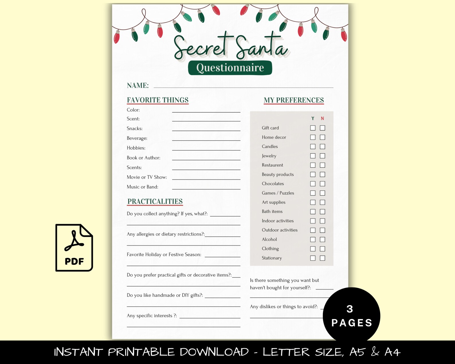 Secret Santa Questionnaire Office Gift Exchange Form Christmas Get to ...
