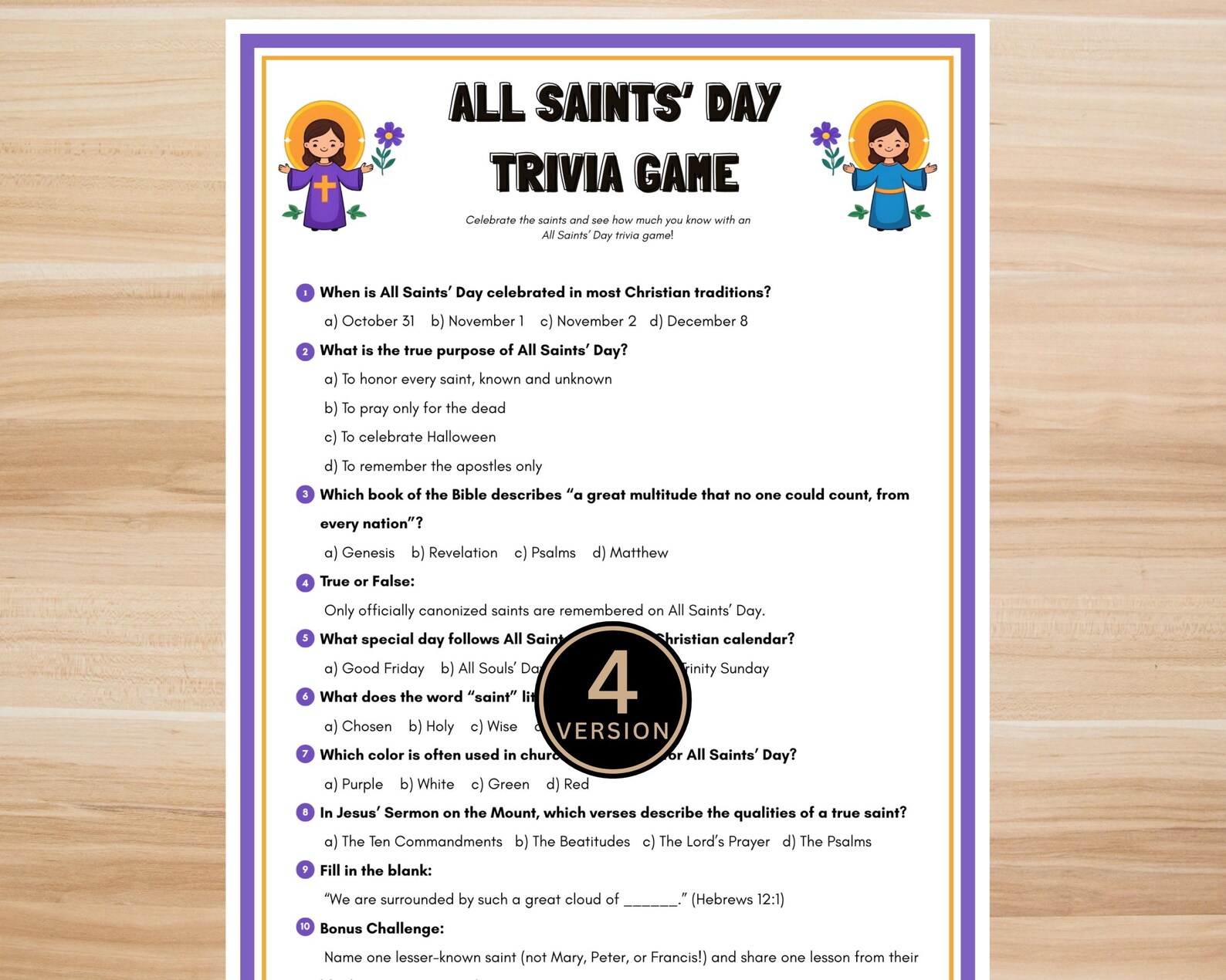 All Saints’ Day Trivia Game Printable – Catholic & Christian Bible Quiz ...