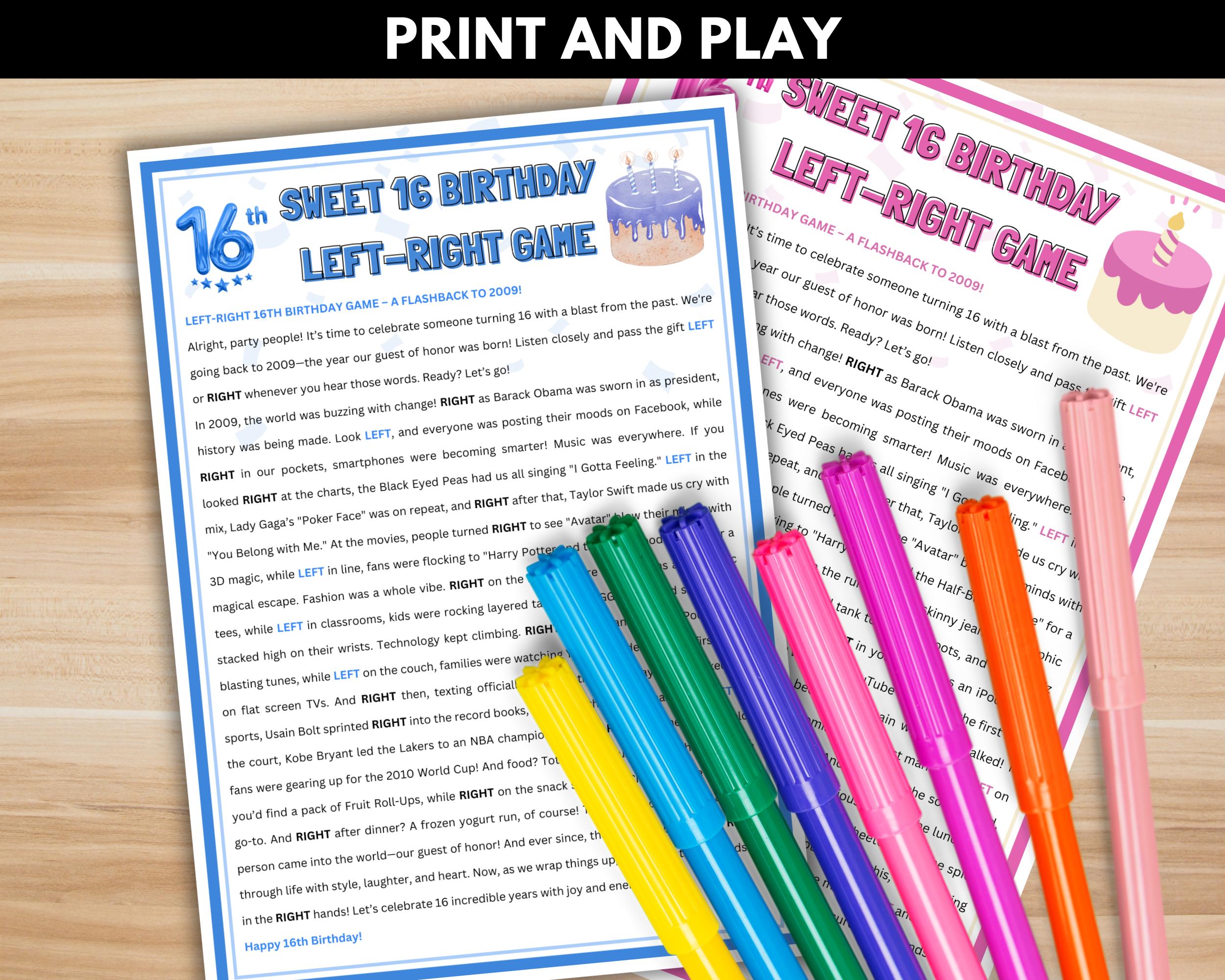 Sweet 16 Left Right Game, Birthday Pass the Present, 16th Birthday ...