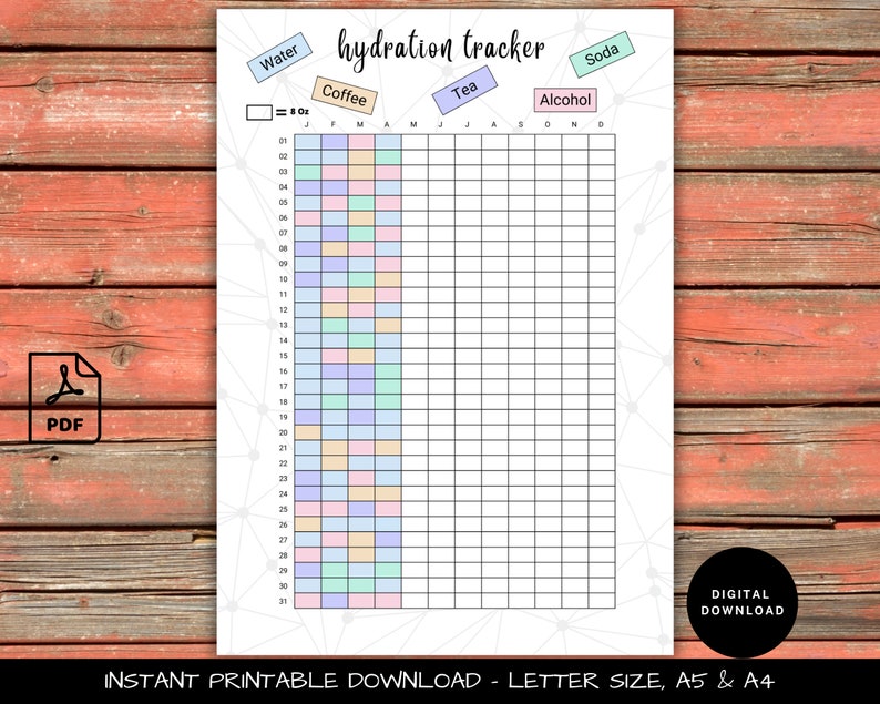 Hydration Tracker - A5 Journal Page - PRINTABLE Tracker - Water, Soda ...