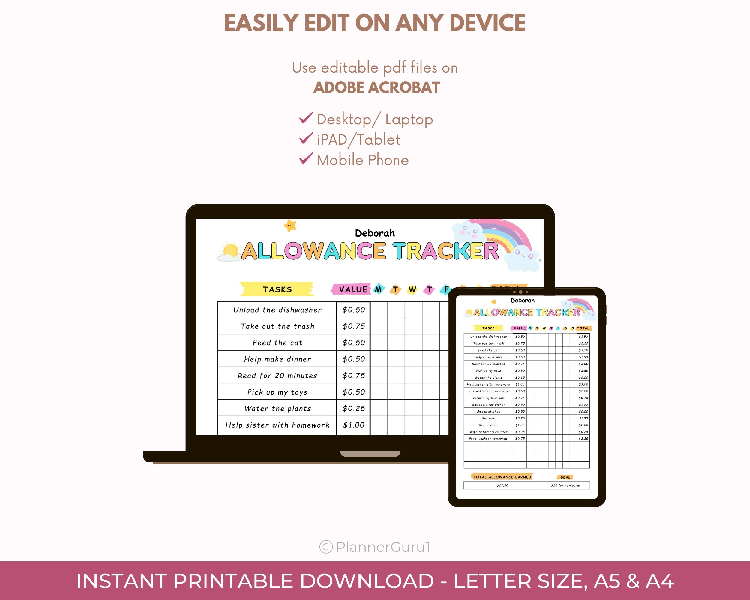 Chore Chart for Kids, Allowance Tracker for Kids, Editable Chore Chart ...