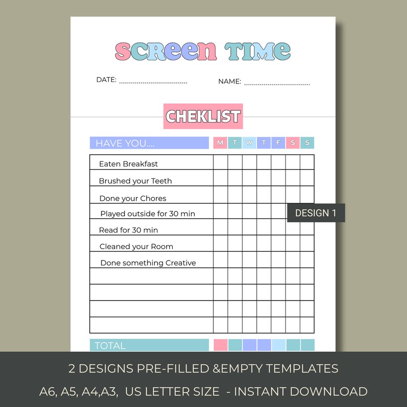 Editable Screen Time Chore Chart Printable Screen Time Chart - Etsy