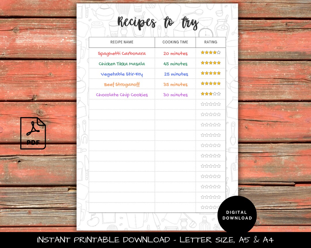Recipes to Try | A5 Journal Page | Printable Recipe Tracker | A4, A5 ...