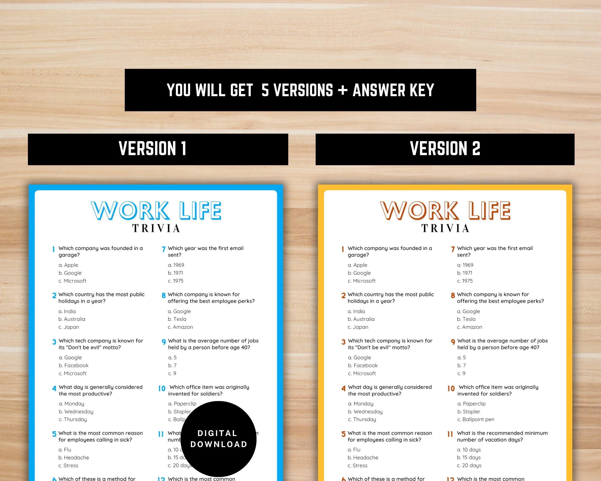 Work Trivia Game | Office Party Game | Printable Work Game for Team ...