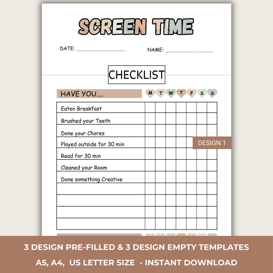 Editable Screen Time Chore Chart Printable, Screen Time Chart Checklist ...