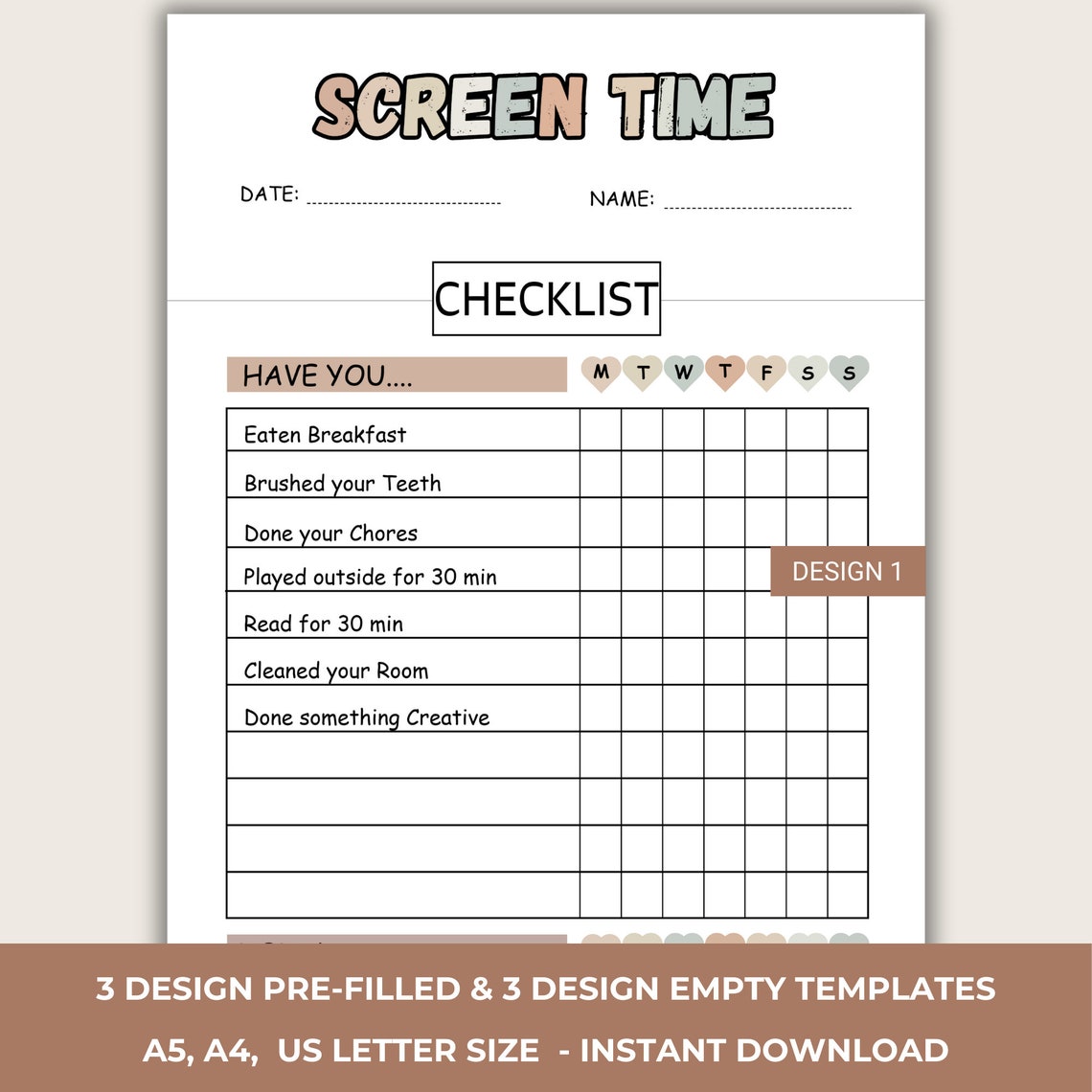 Editable Screen Time Chore Chart Printable, Screen Time Chart Checklist ...