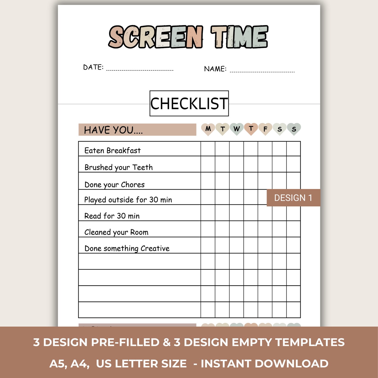 Editable Screen Time Chore Chart Printable, Screen Time Chart Checklist, Screen Time Tracker ...