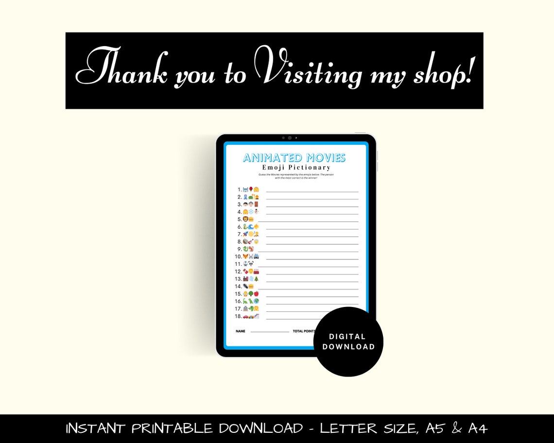 Animated Movies Emoji Pictionary Game - Fun Printable Party Game for ...