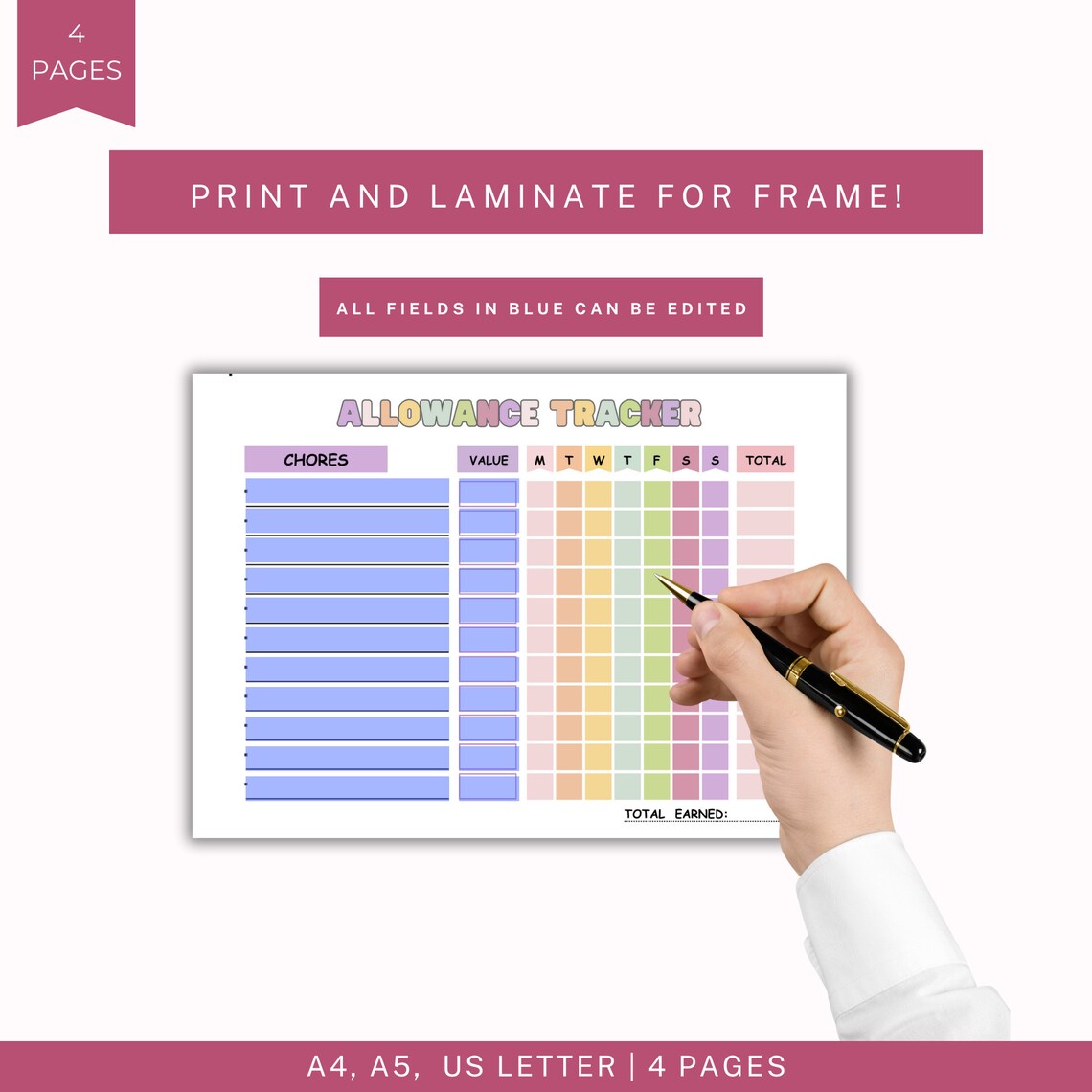 Allowance Chore Chart Printable for Kids , Allowance and Chore Tracker ...