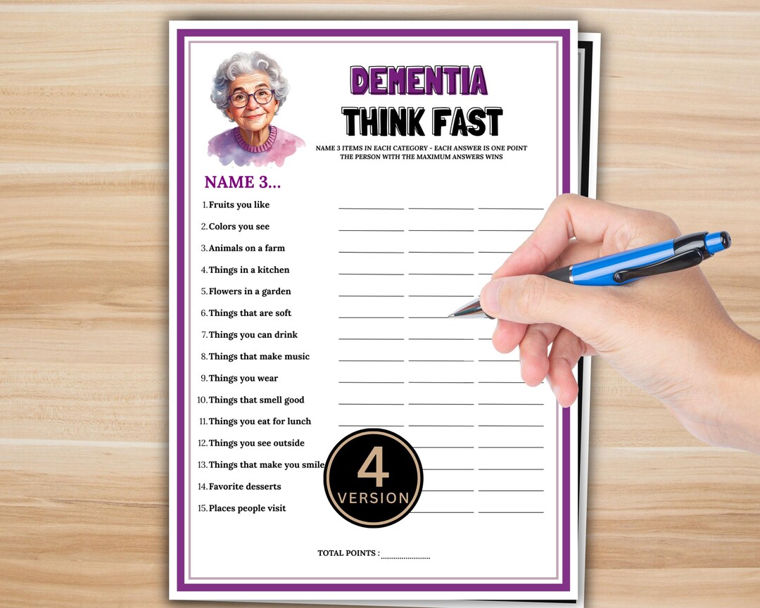 Dementia Think Fast Game Printable, Memory Activity for Seniors ...