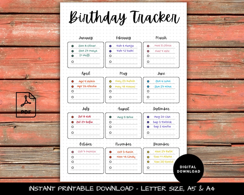 Birthday Calendar and Tracker PDF | Printable Birthday List and ...