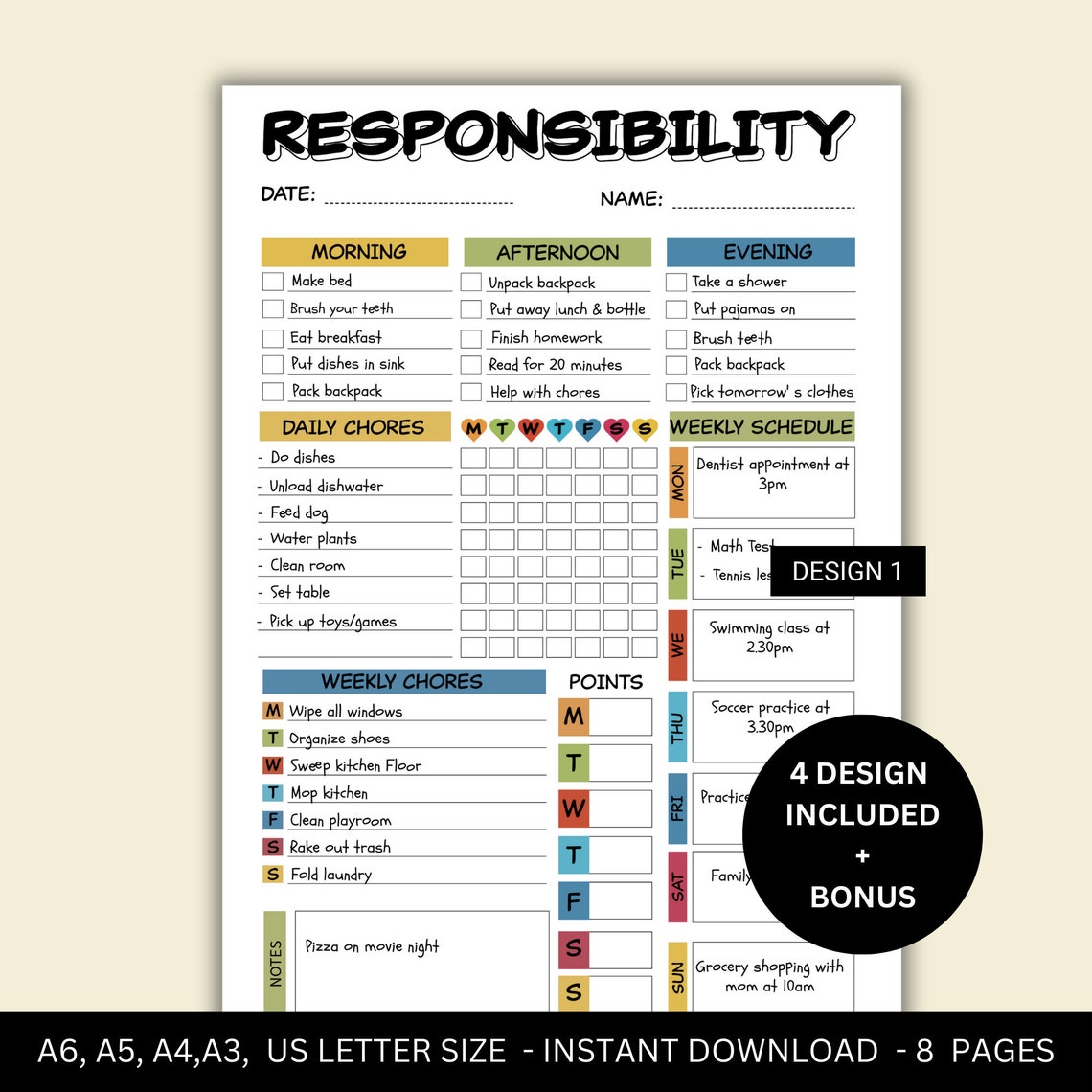 Editable Responsibility Chore Chart for Kids | Printable Daily and ...