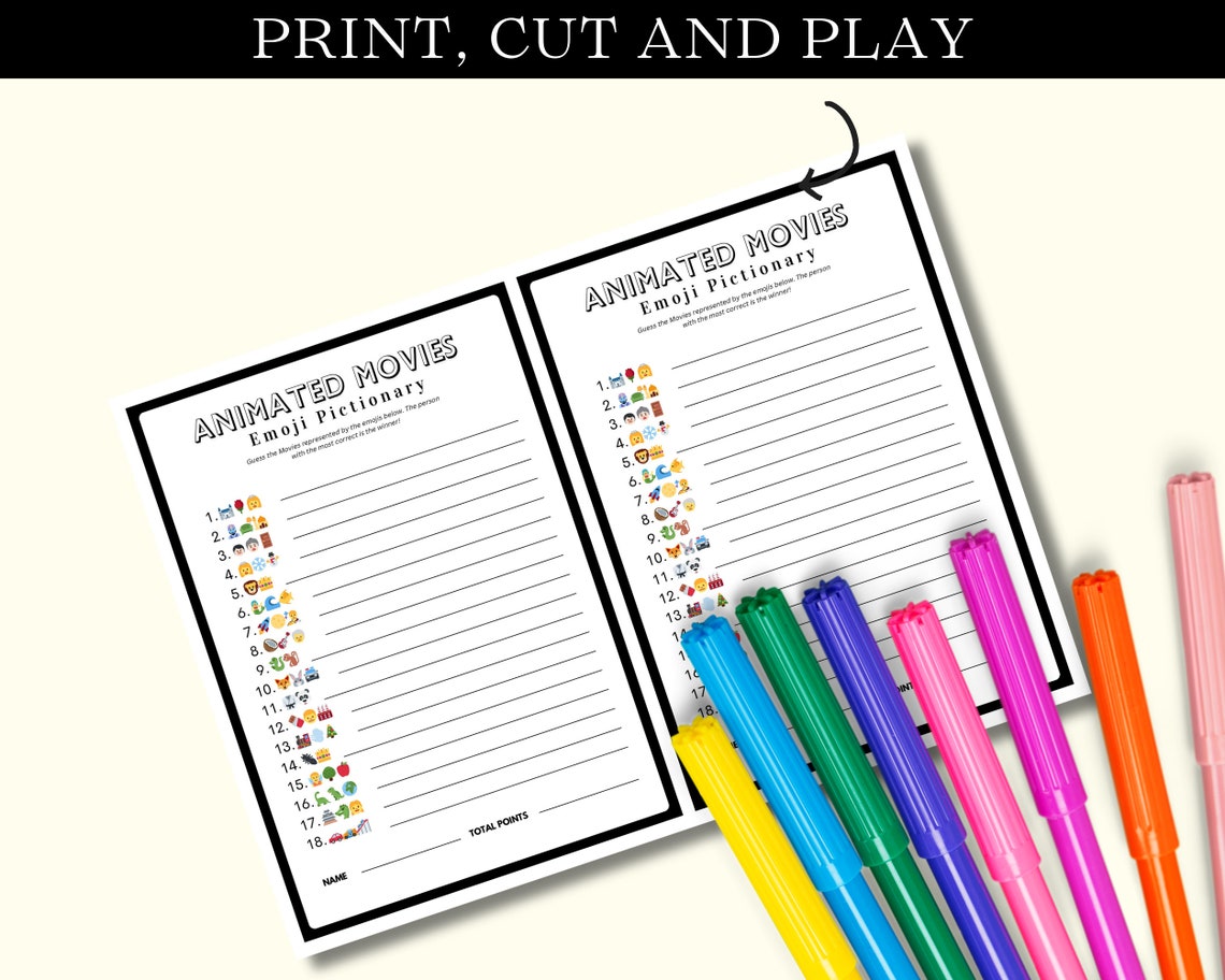 Animated Movies Emoji Pictionary Game - Fun Printable Party Game for ...