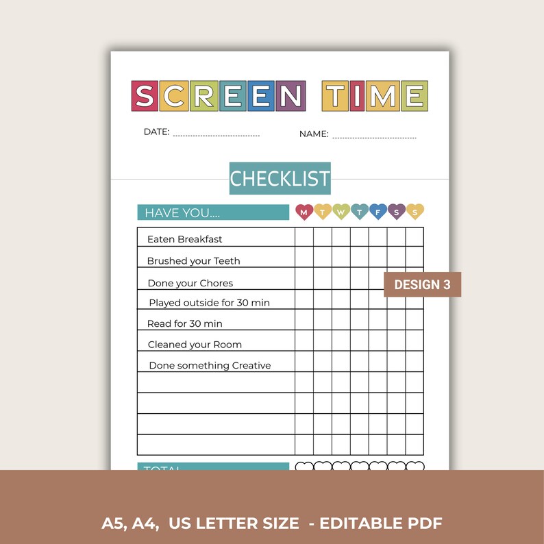 Editable Screen Time Chore Chart Printable, Screen Time Chart Checklist ...
