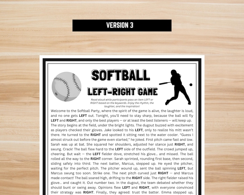 Softball Party Left Right Game Printable – Pass the Gift Story, Instant ...