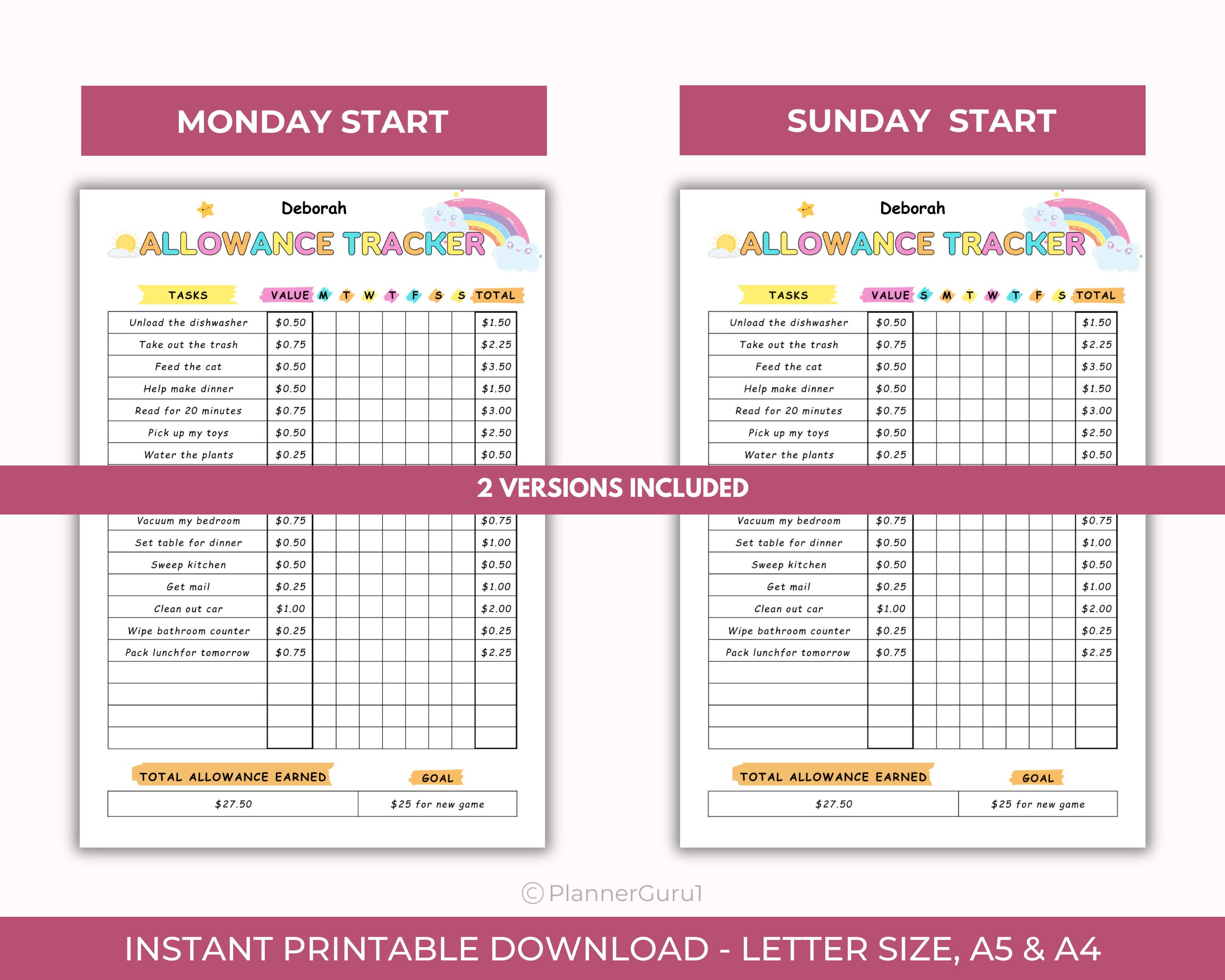 Chore Chart for Kids, Allowance Tracker for Kids, Editable Chore Chart ...