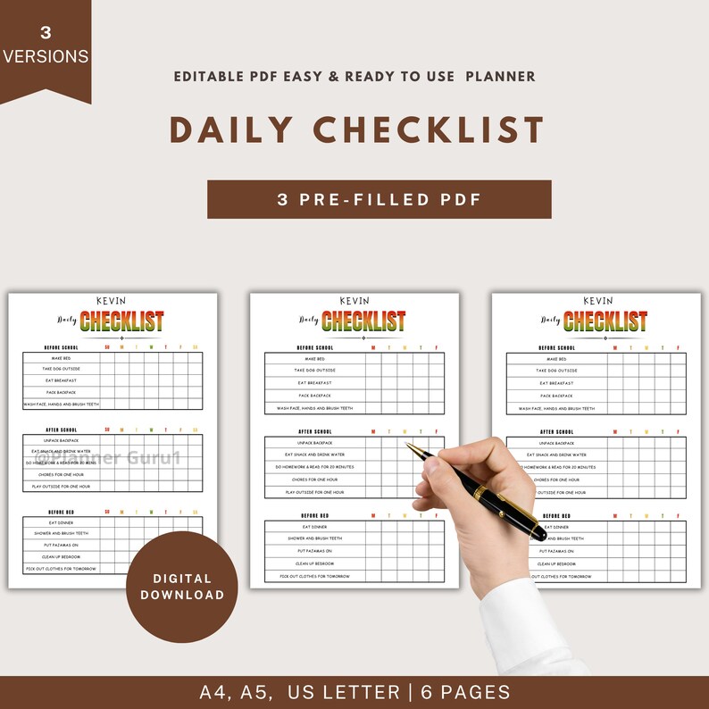 Editable Daily Checklist for Kids, Printable Chore Chart for Kids ...