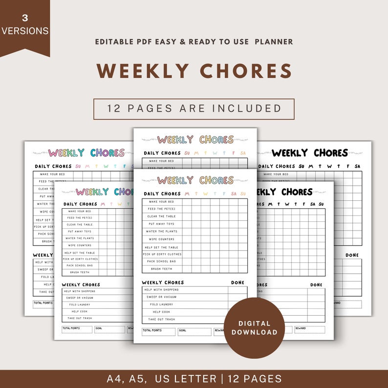 Editable Chore Chart for Kids, Daily & Weekly Chore Chart for Teens ...