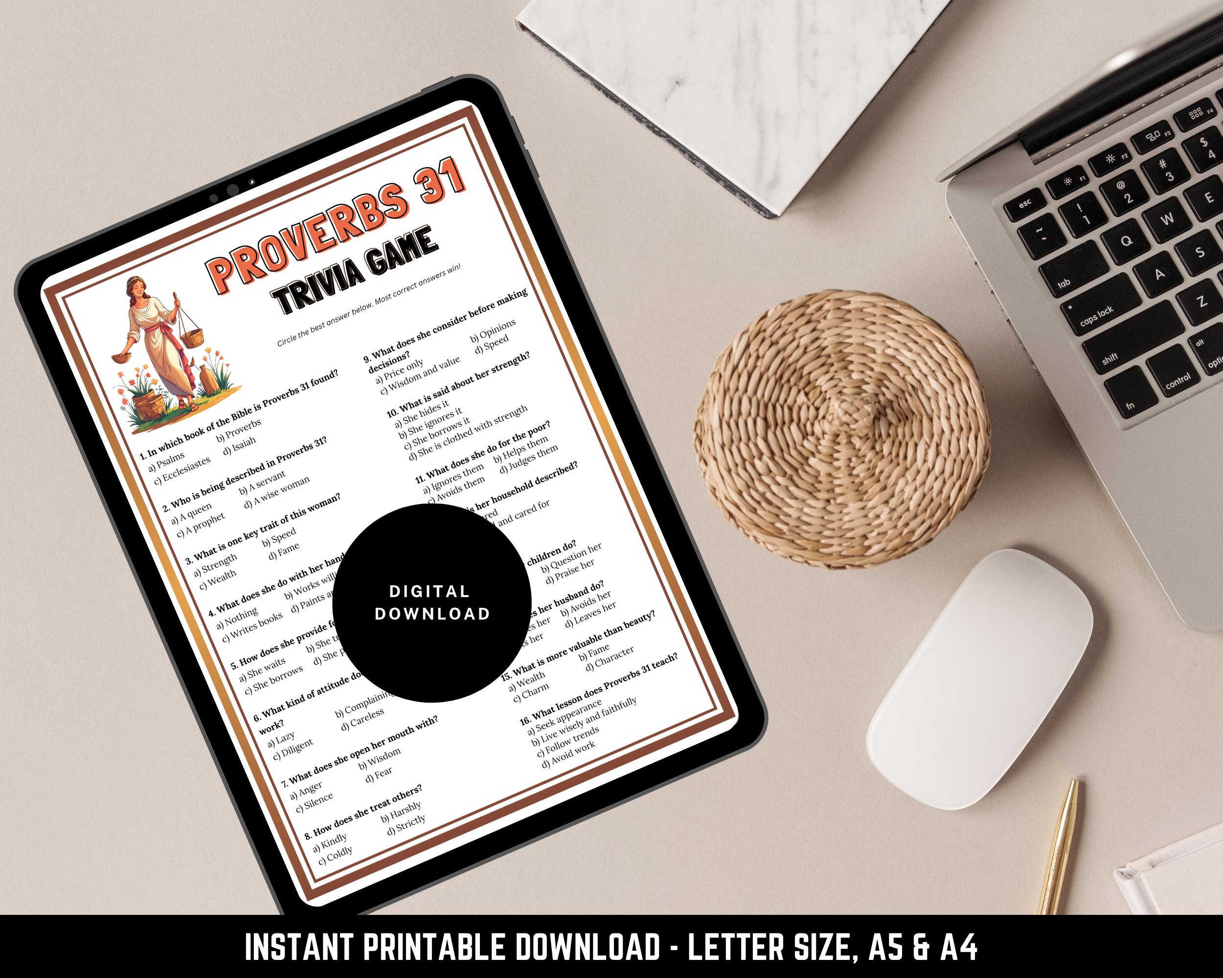 Proverbs 31 Trivia Game Printable, Virtuous Woman Bible Quiz for Kids ...