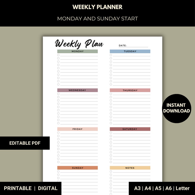 Editable Weekly Planner | Printable, Digital | Weekly Planner PDF ...